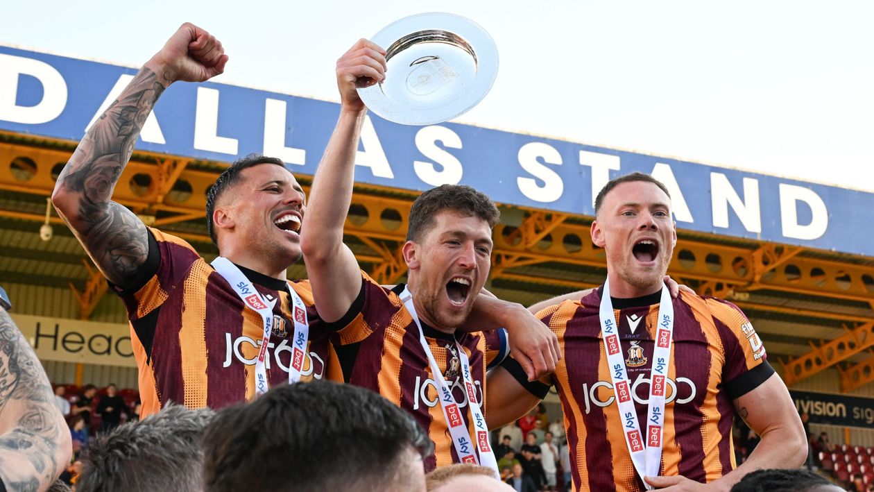 Bradford clinch dramatic promotion from League Two thanks to 97th-minute Antoni Sarcevic goal